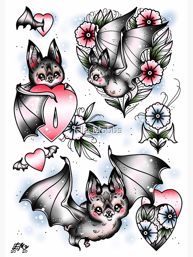 "Bats with Hearts Cute Vintage Style Traditional Flash Tattoo ...