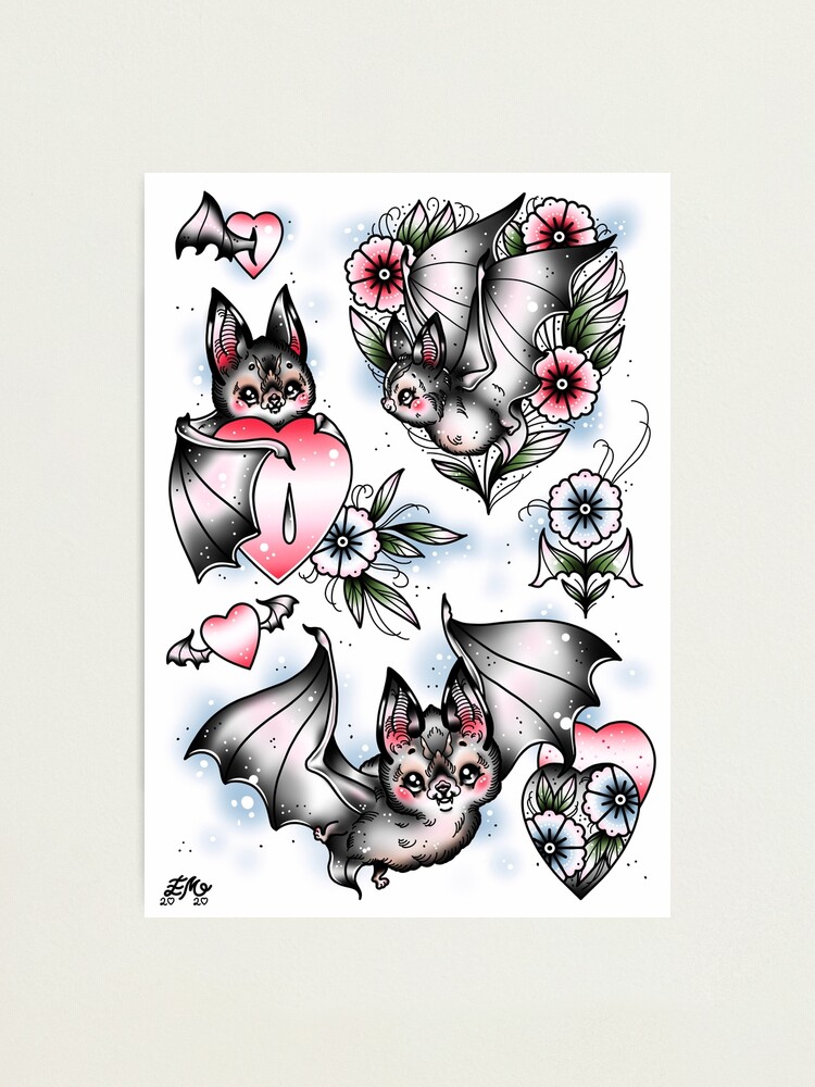 Bat Flash Tattoos Bats Traditional Tattoo Flash Style Print By Ella