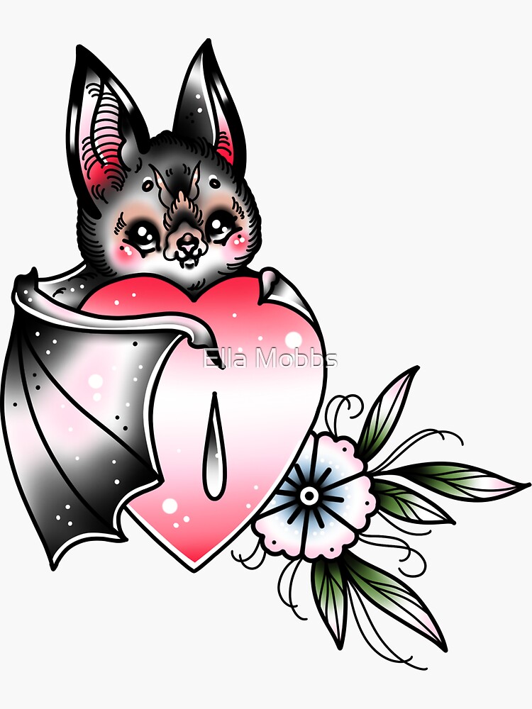 "Bat with Heart Flowers Cute Traditional Flash Tattoo" Sticker by ...