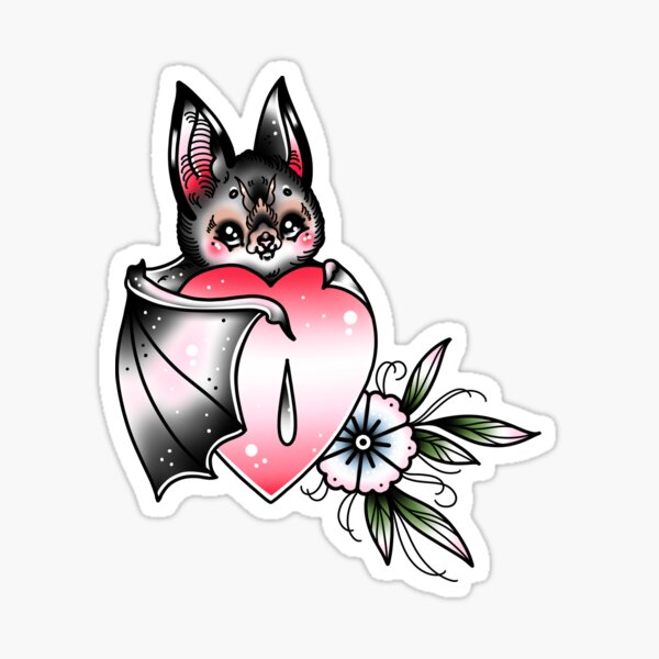 "Bat with Heart Flowers Cute Traditional Flash Tattoo" Sticker by ...