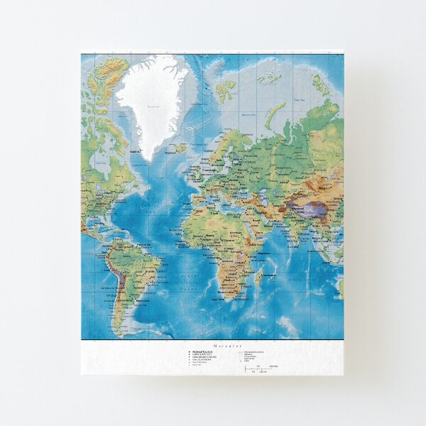 Lámina montada «Mapa mundial, mapa topográfico en relieve del mundo con ...