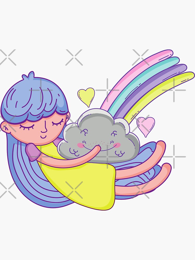 "Cute Colorful Sticker Of Girl Sleeping With Cloud Sticker" Sticker by ...