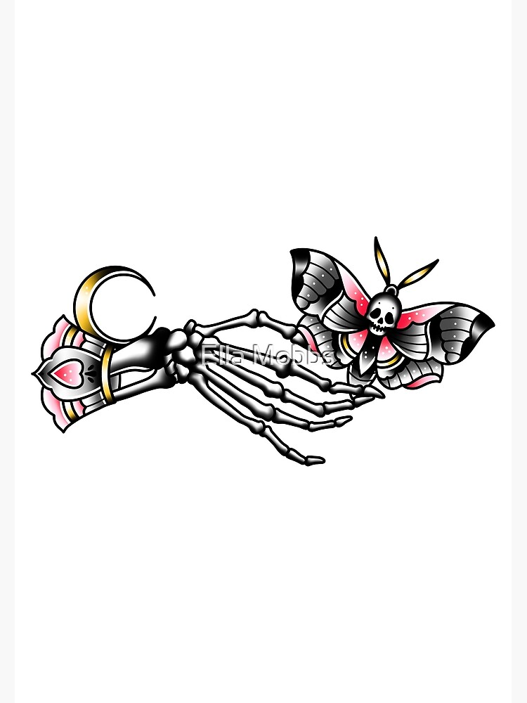 "Skull Moth and Skeleton Hand with Moon Vintage Cute Traditional Flash ...