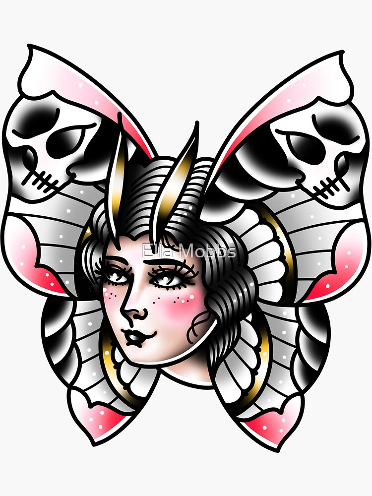 "Lady Moth Head with Skull Wings Vintage Cute Traditional Flash Tattoo ...