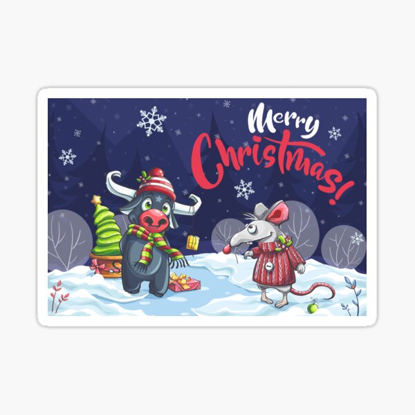"Christmas Illustration 2020 Merry Christmas Bull and Mouse" Sticker ...