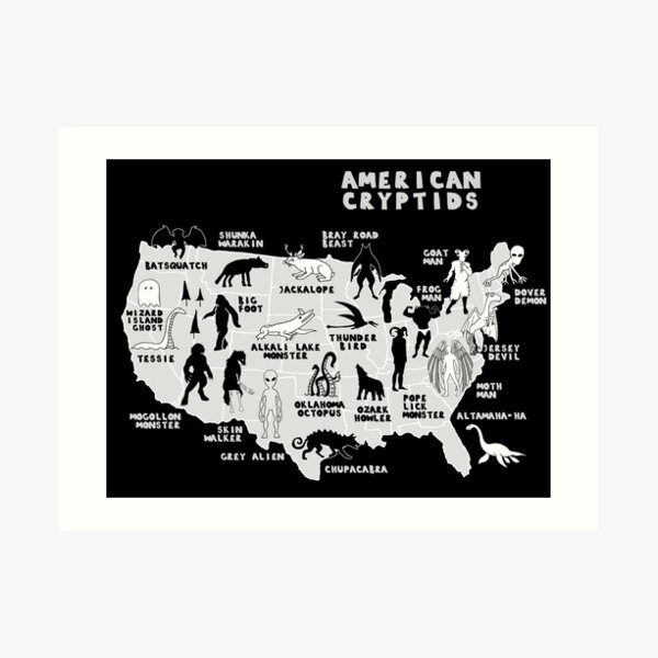 "Map Of Cryptids In The USA" Art Print for Sale by whitepaperbag ...