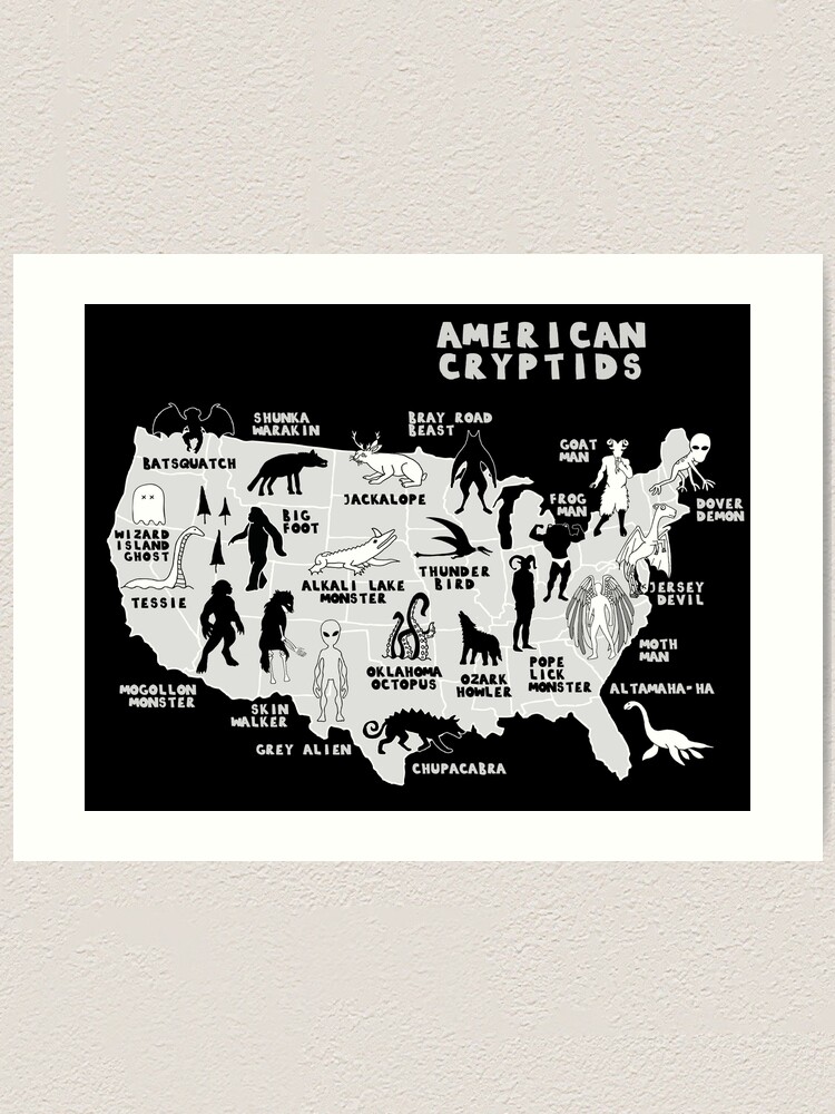 "Map Of Cryptids In The USA" Art Print for Sale by whitepaperbag ...