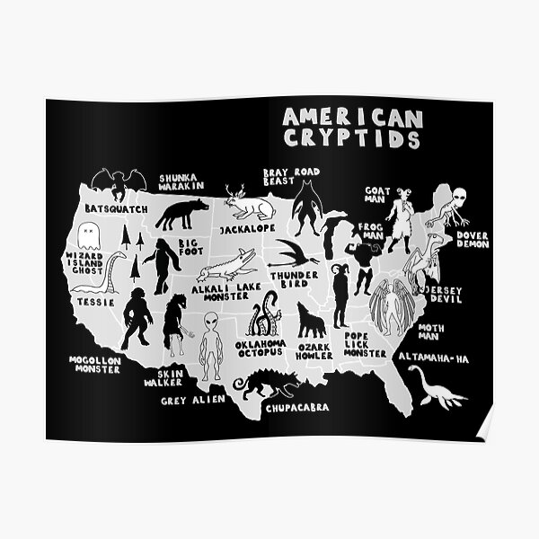 "Map Of Cryptids In The USA" Poster for Sale by whitepaperbag | Redbubble