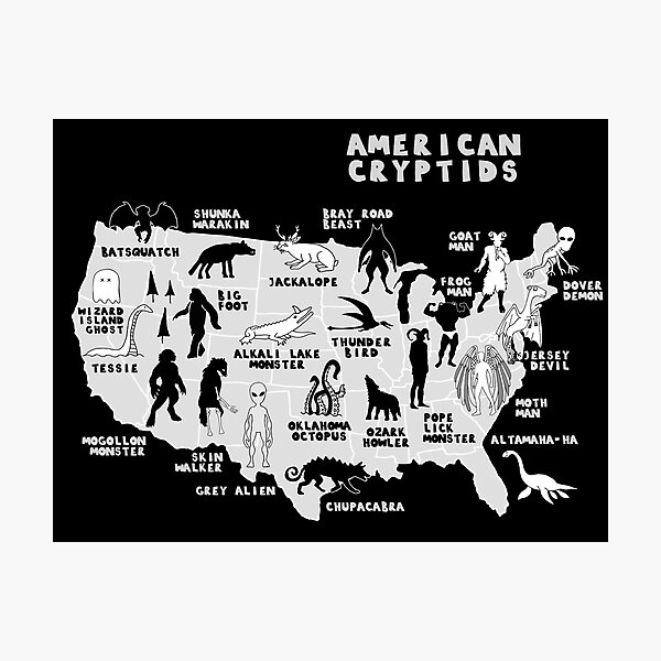 "Map Of Cryptids In The USA" Photographic Print by whitepaperbag ...