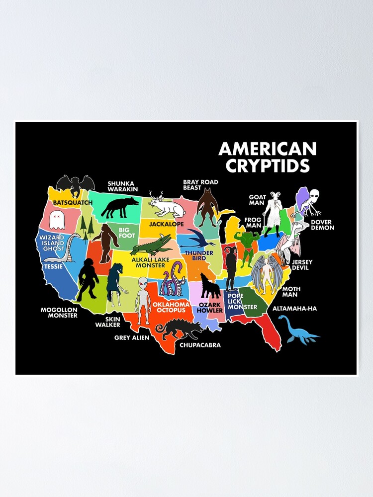 "Map Of Cryptids In The US" Poster for Sale by whitepaperbag | Redbubble