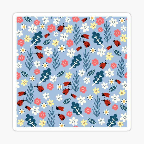 "Spring meadow in bloom with ladybirds on sky blue background" Sticker ...