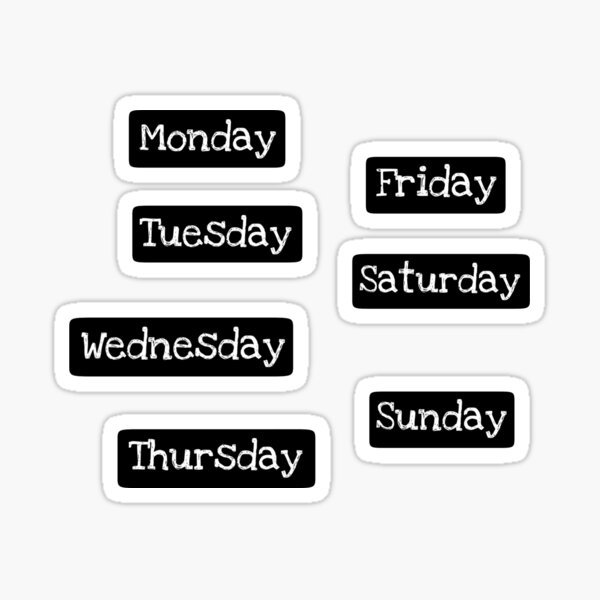 "Black & White monday to sunday labels design " Sticker for Sale by ...