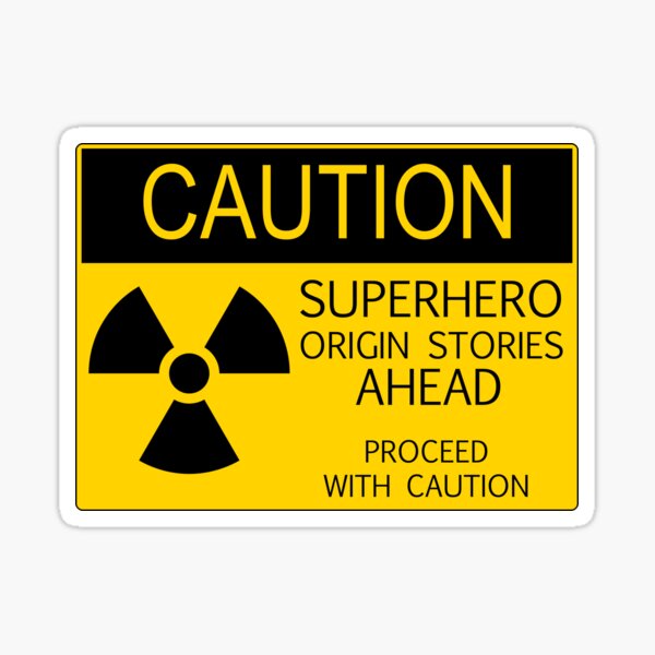 Superhero Origin Stories Warning Sticker By CenturyComics Redbubble superhero-origin-stories-warning-sticker-by-centurycomics-redbubble