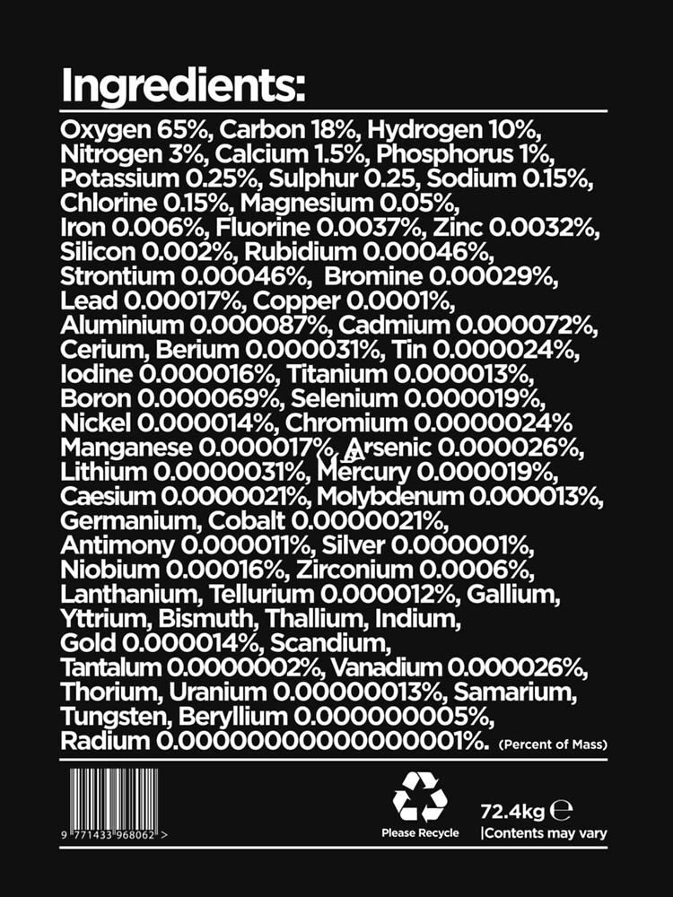 "Human Chemical Ingredients List" T-shirt for Sale by MarkAllred51 ...