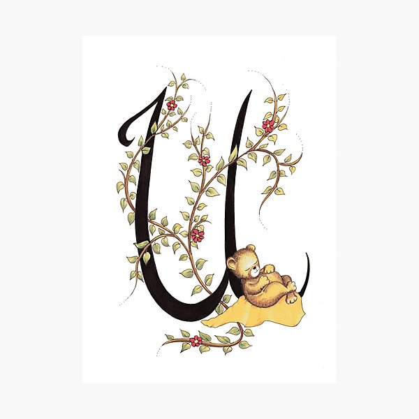 "Letter U Nursery Alphabet Monogram with Sleeping Teddy Floral Vine and ...