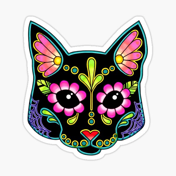 "Day of the Dead Cat in Black Sugar Skull Kitty" Sticker by prettyinink ...