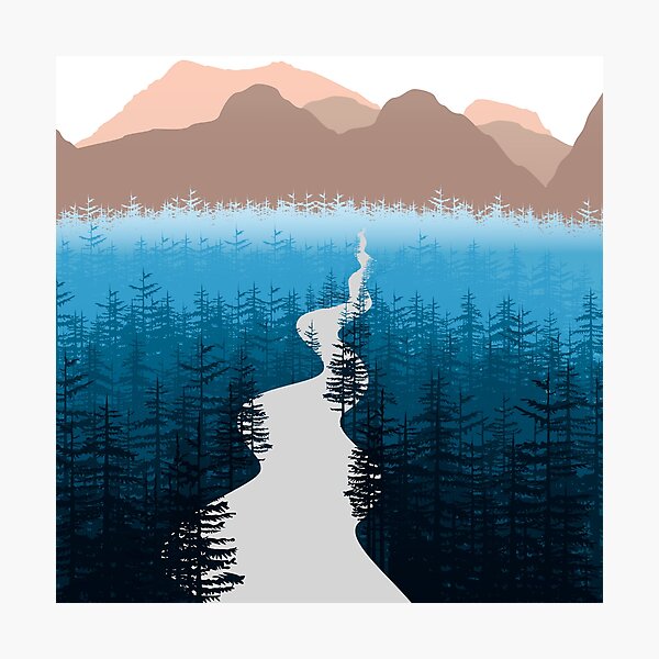 Lámina fotográfica «Paisaje con un río entre la ilustración del bosque ...