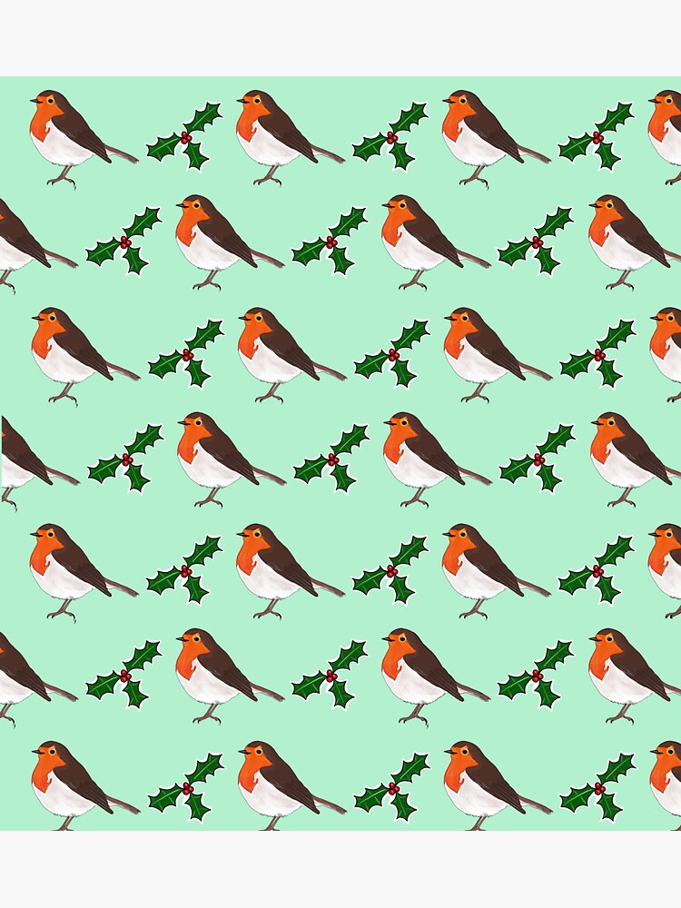 "Christmas Robin with holly on pastel green background" Sticker for ...