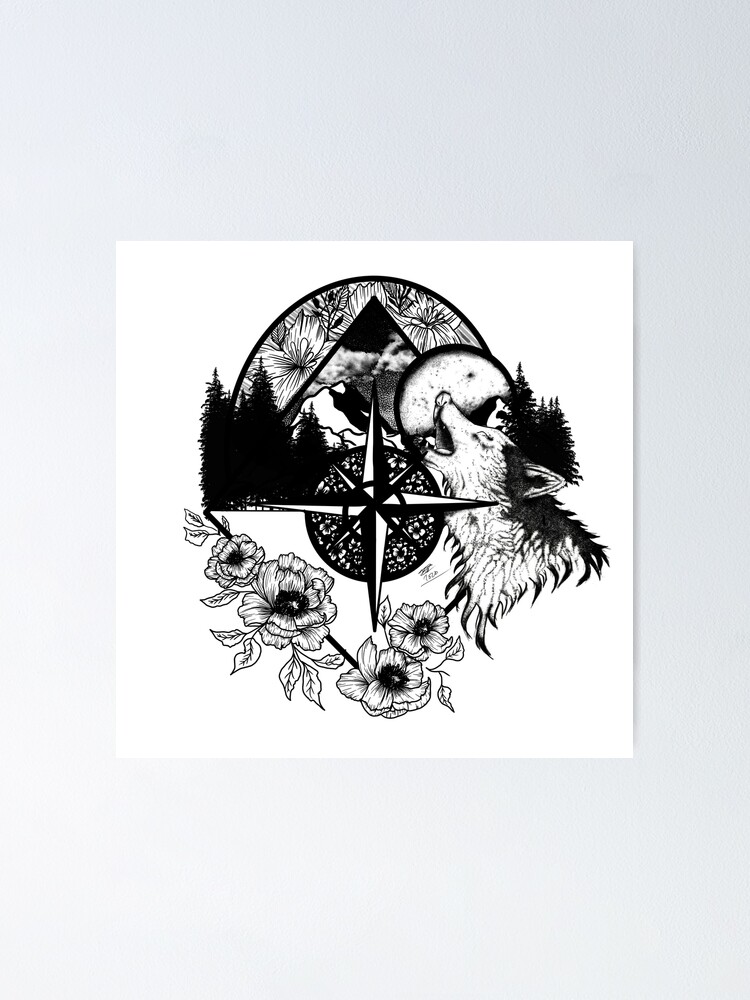 "Wolf, Mountains and Compass" Poster by Artsy-Kat9697 | Redbubble