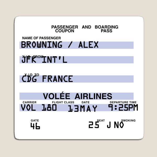 "Flight 180 boarding pass." Magnet for Sale by BAHarrison | Redbubble
