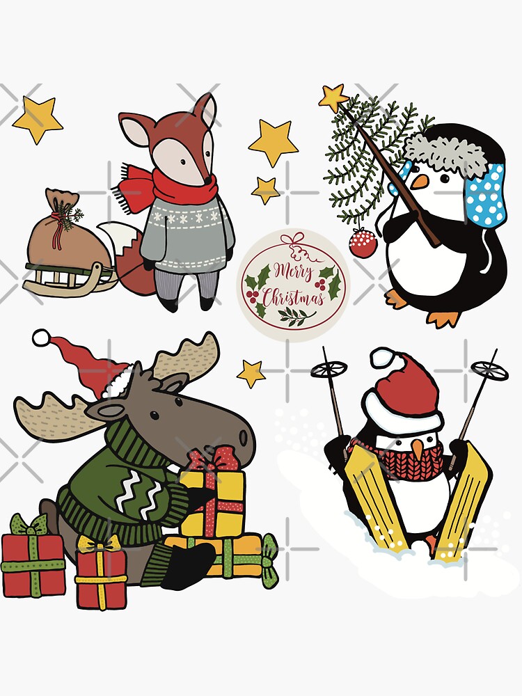 "Cut Set of stickers with winter and Christmas themed cute animals ...