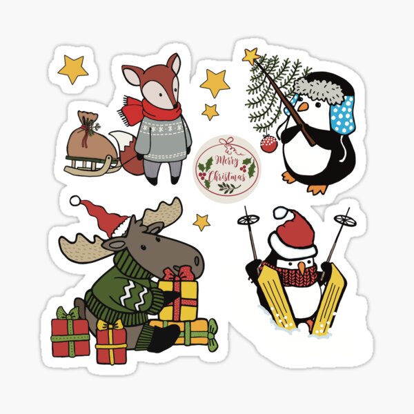 "Cut Set of stickers with winter and Christmas themed cute animals ...