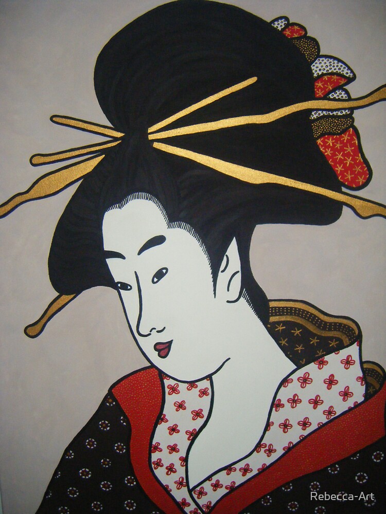 "Geisha with red ribbons." Sticker for Sale by Rebecca-Art | Redbubble