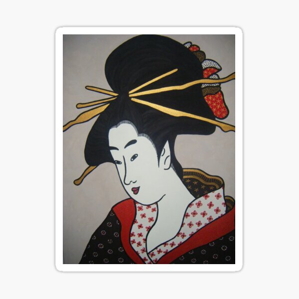 "Geisha with red ribbons." Sticker for Sale by Rebecca-Art | Redbubble
