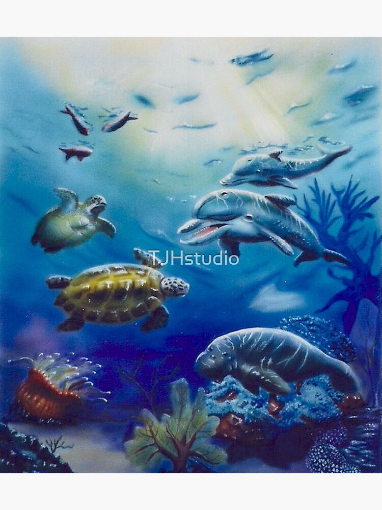 "Bottlenose Dolphins, Turtles and Manatee Playing in the Ocean" Poster ...