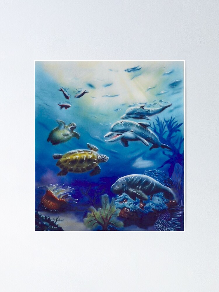 "Bottlenose Dolphins, Turtles and Manatee Playing in the Ocean" Poster ...