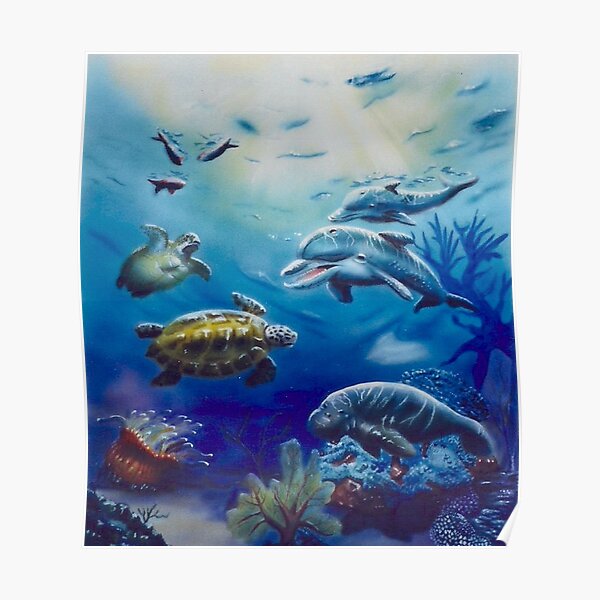 "Bottlenose Dolphins, Turtles and Manatee Playing in the Ocean" Poster ...