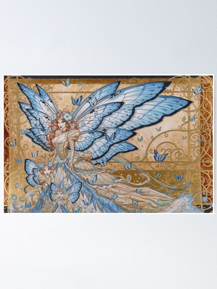 "Vintage illustration of fairies and their fairy queen with navy and ...