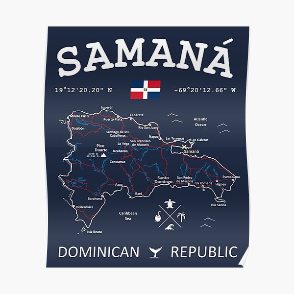 "Dominican Republic Flag Travel Map Samana Coordinates Roads Rivers and ...