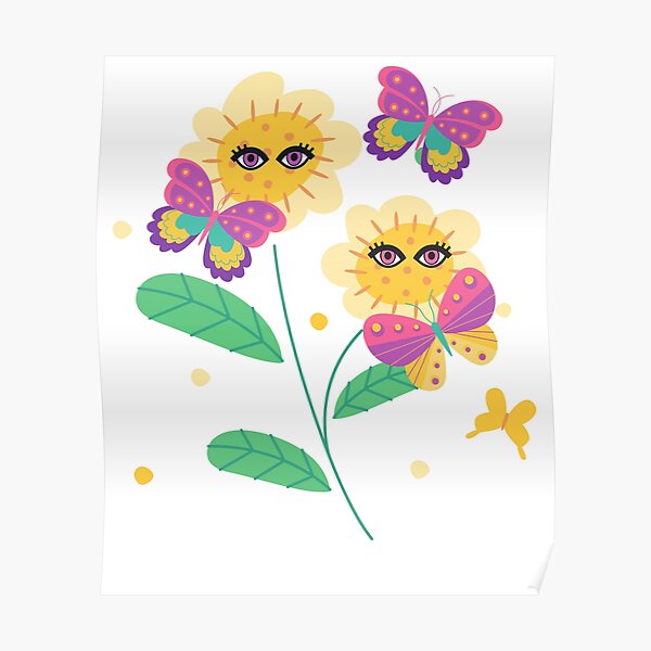 "Colorful Happy Flower Faces and Butterflies" Poster for Sale by ...