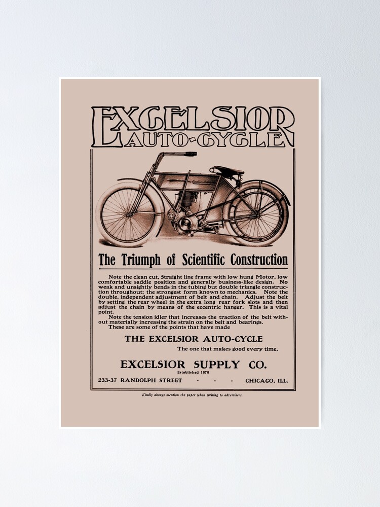 "Vintage classic American motorcycle ad, Excelsior Auto Cycle" Poster ...