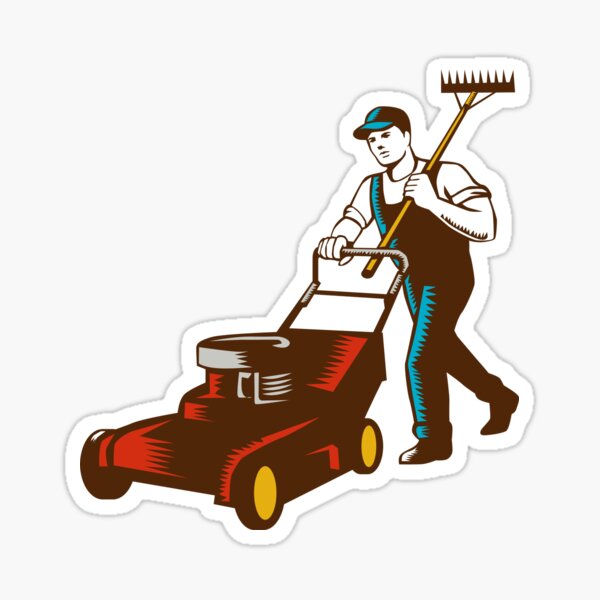 "Gardener Lawn Mower Rake Woodcut" Sticker for Sale by patrimonio ...