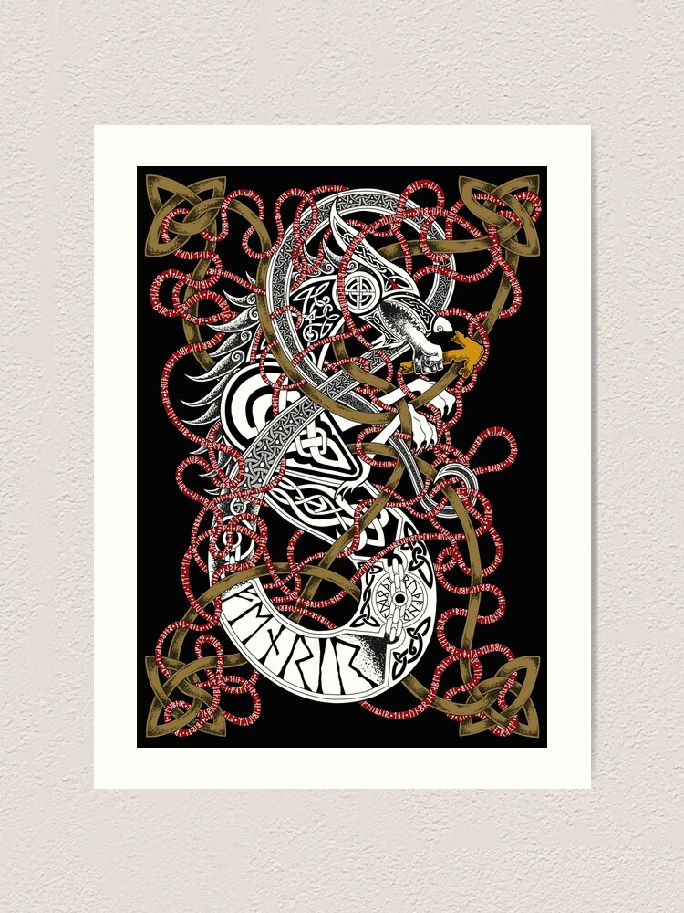 Lámina artística «Fenrir, el lobo, mitología nórdica, nudos de colores» de MythicComicsArt ...