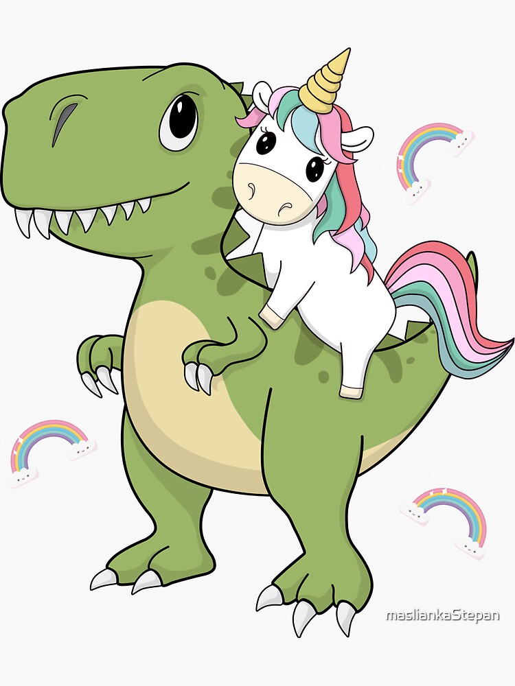 "Unicorn Riding Dinosaur Funny Unicorns Party Cute T-Rex " Sticker for ...