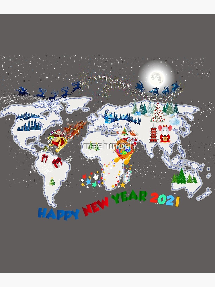 "New year 2021 Santa Claus distributing gifts with world map" Poster ...
