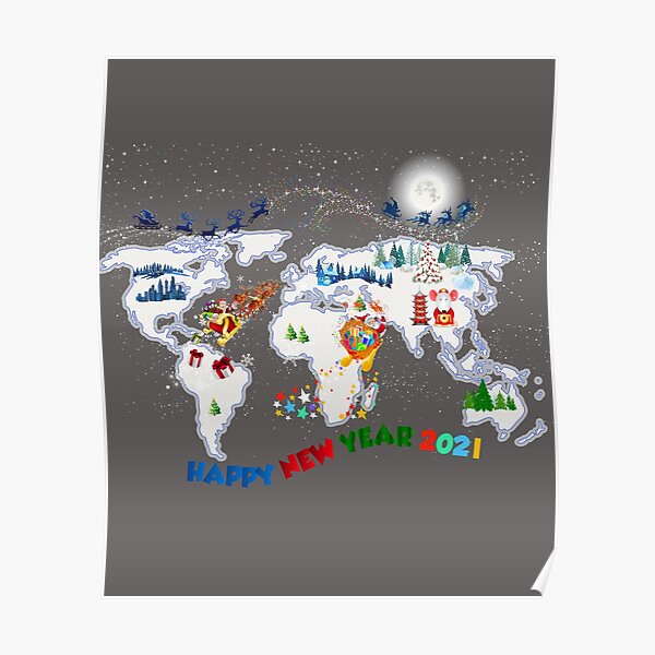"New year 2021 Santa Claus distributing gifts with world map" Poster ...