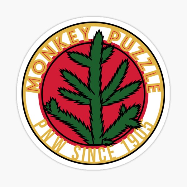 "Monkey Puzzle Pacific Northwest Emblem Red Green and Gold" Sticker for ...