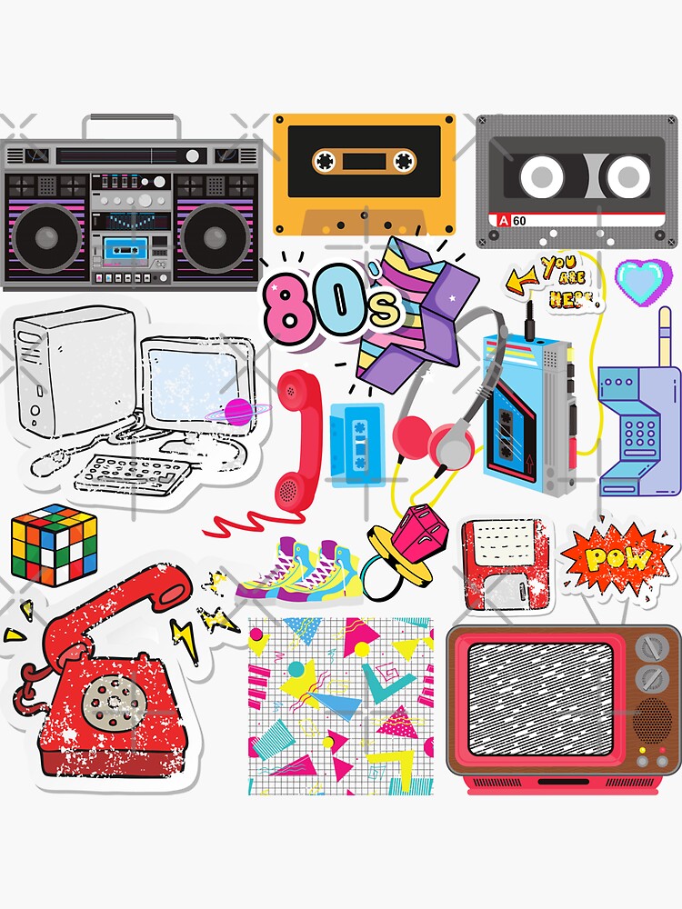 "80s Nostalgia | Cassette Tapes | Walkman | Landline Phone" Sticker for ...