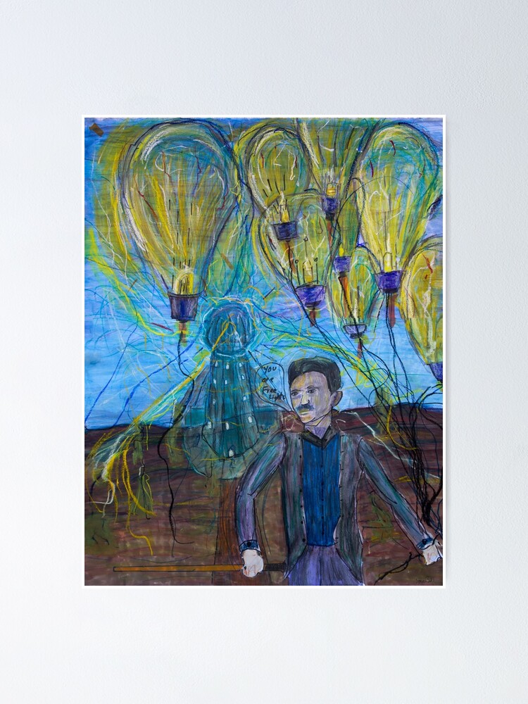 "Nikola Tesla Freeing the light bulb balloons" Poster by Followthedon ...