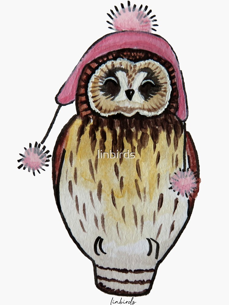 "Cute Long-eared Owl with Pink Pompom Hat - Winter Holiday Christmas ...