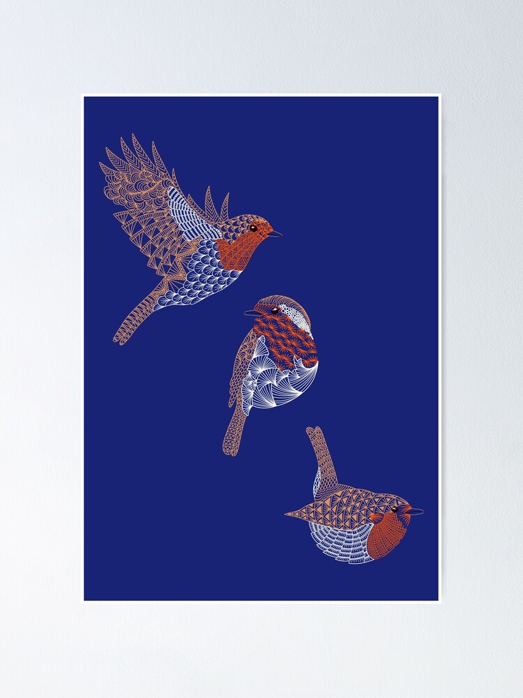 "Three little Robin Birds Zentangle Graphic pattern- blue background ...