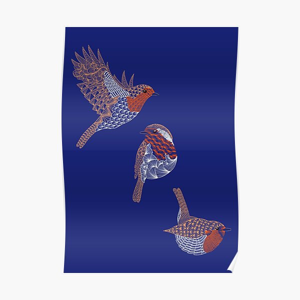 "Three little Robin Birds Zentangle Graphic pattern- blue background ...