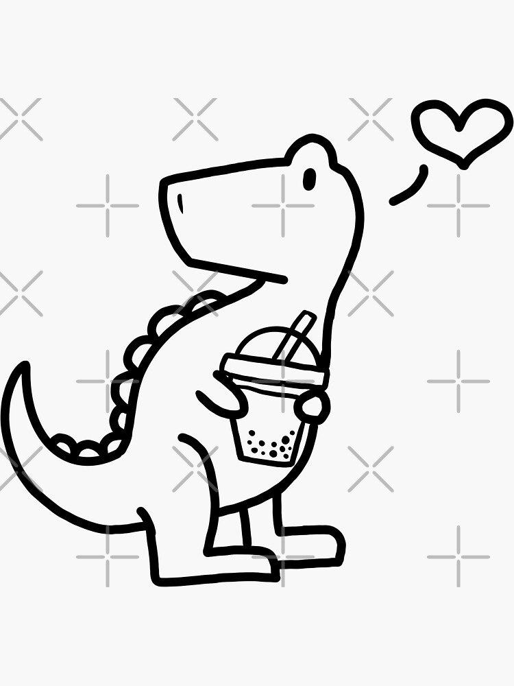 "Dino Boba - Black and White Boba Lover Dinosaur Line Art" Sticker for ...