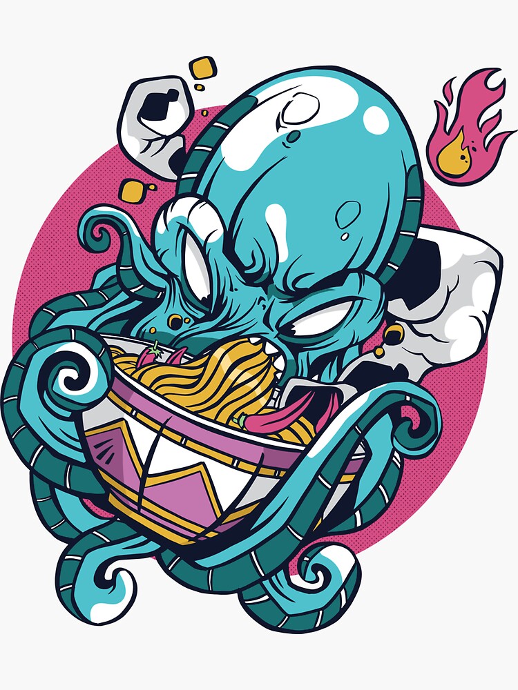 "Bowl of Ramen Eats Angry Octopus" Sticker for Sale by K-Constantine ...
