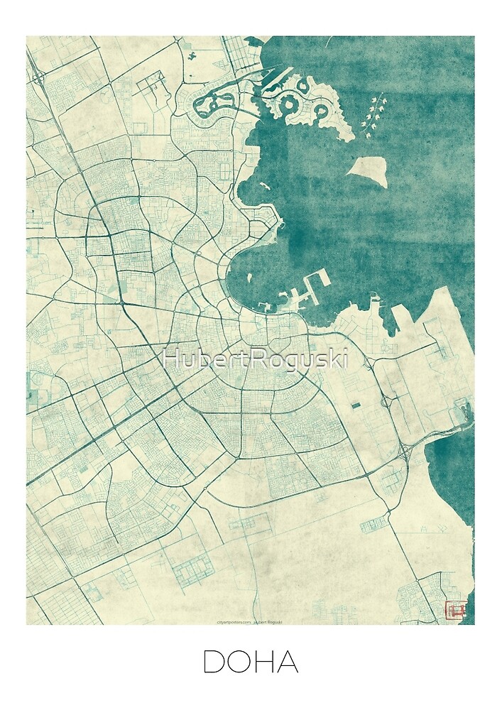 "Doha Map Blue Vintage" by HubertRoguski | Redbubble