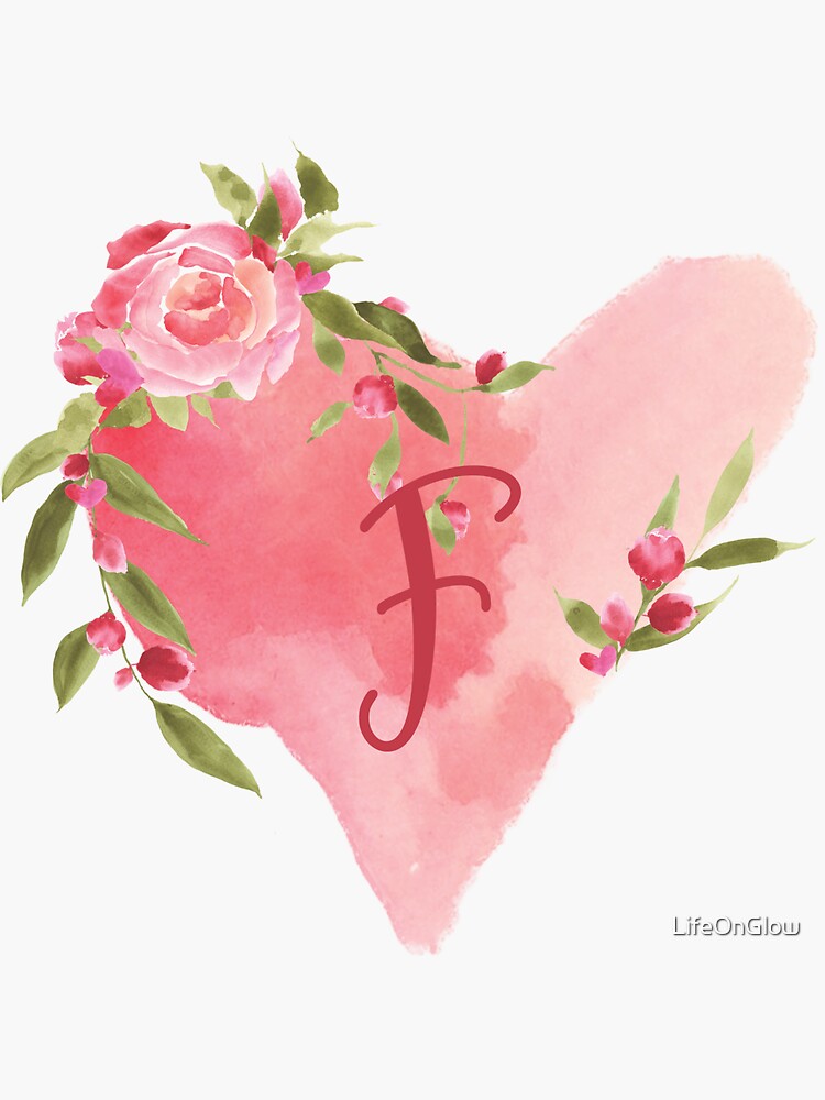 Pegatina «Letra F: Corazón rosa con diseño floral de rosas y hojas ...